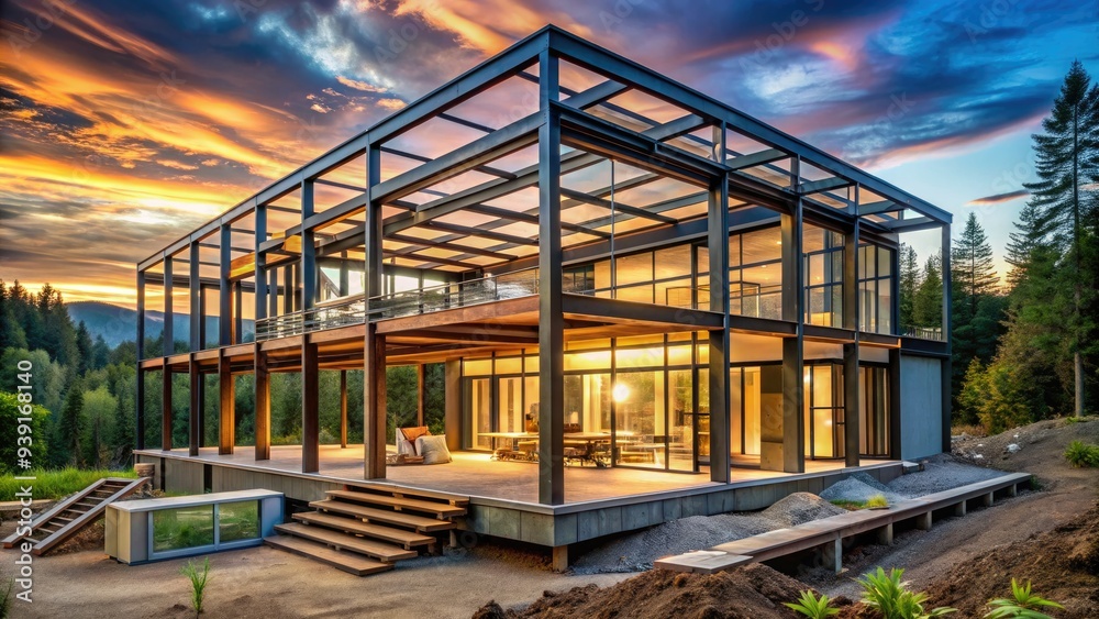 Modern residential home under construction, featuring a sturdy ...