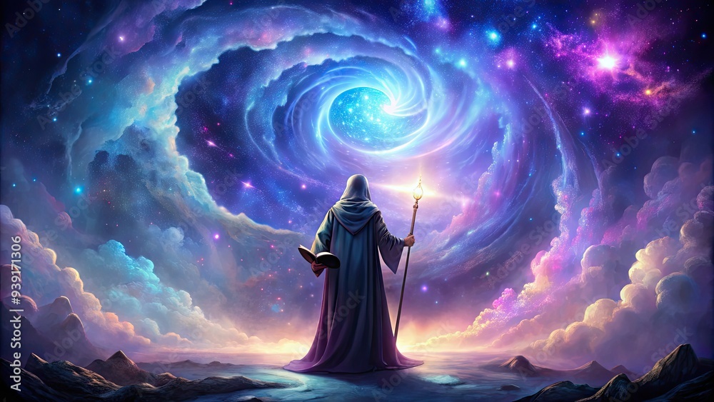 Mystical sorcerer stands in front of ancient, mystical, swirling vortex ...