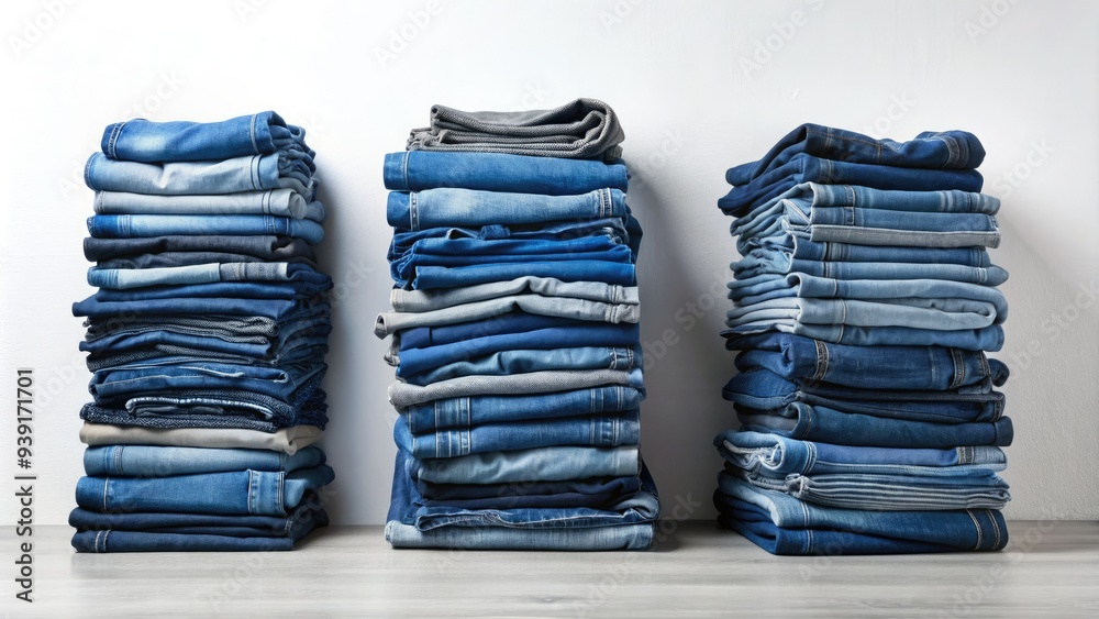 Neatly folded and stacked piles of various denim jeans in different ...