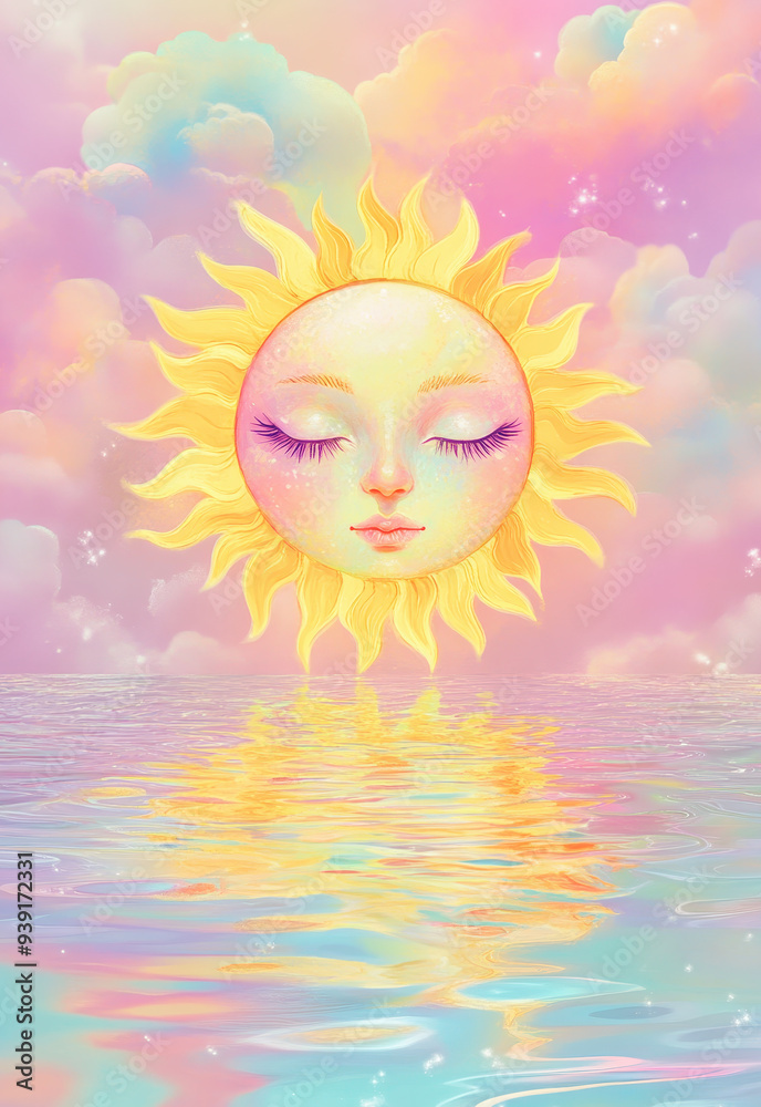 cute cartoon illustration of the sun smiling and floating on water ...