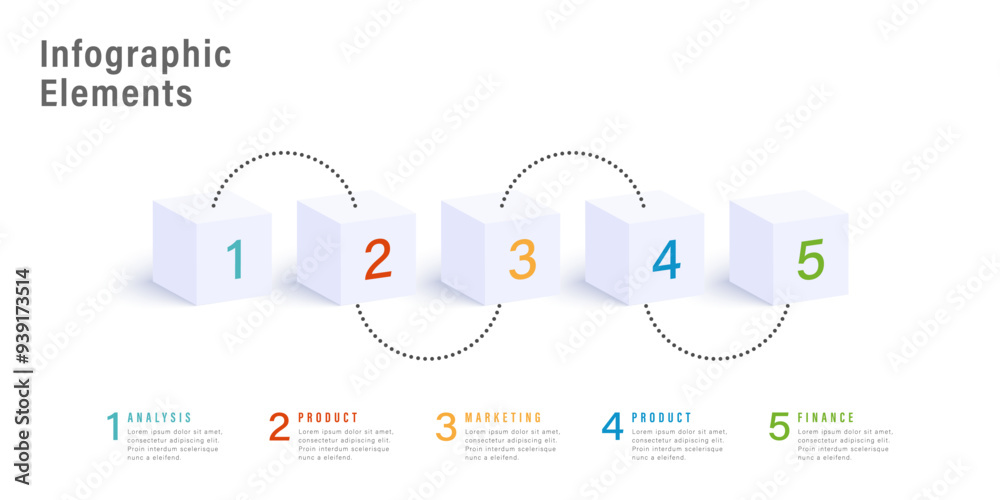 Business process chart infographics with 5 step cubes. Cubic corporate ...