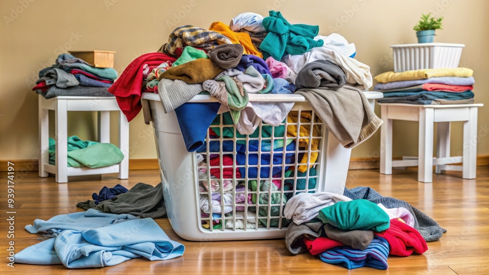 Overwhelmed hamper spills out dirty socks, stained towels, and ...