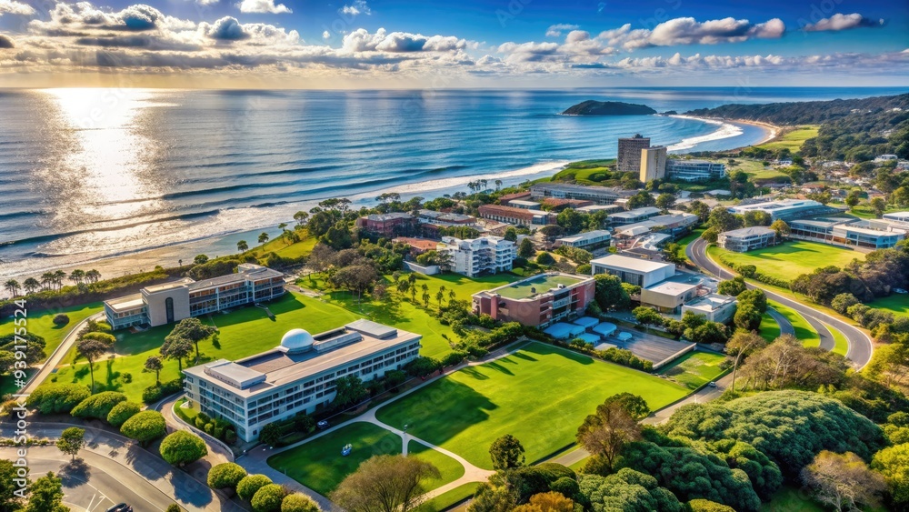 Picturesque coastal campus with modern buildings, lush greenery, and ...