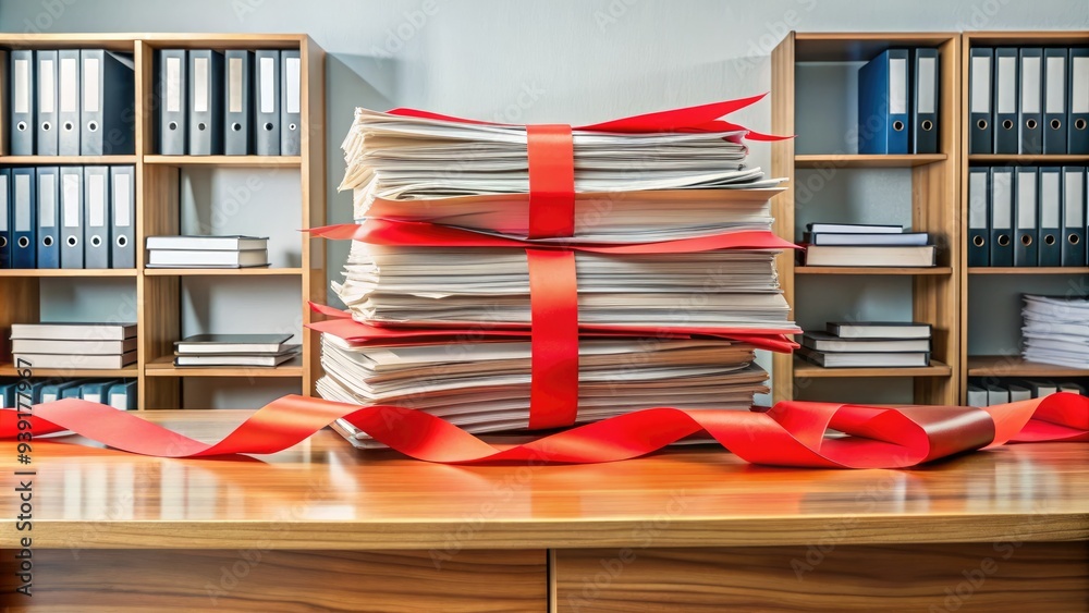Red tape and paperwork overwhelm a desk, symbolizing the frustration ...