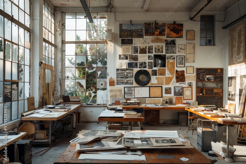 Modern design studio with large windows, white walls, industrial floor ...