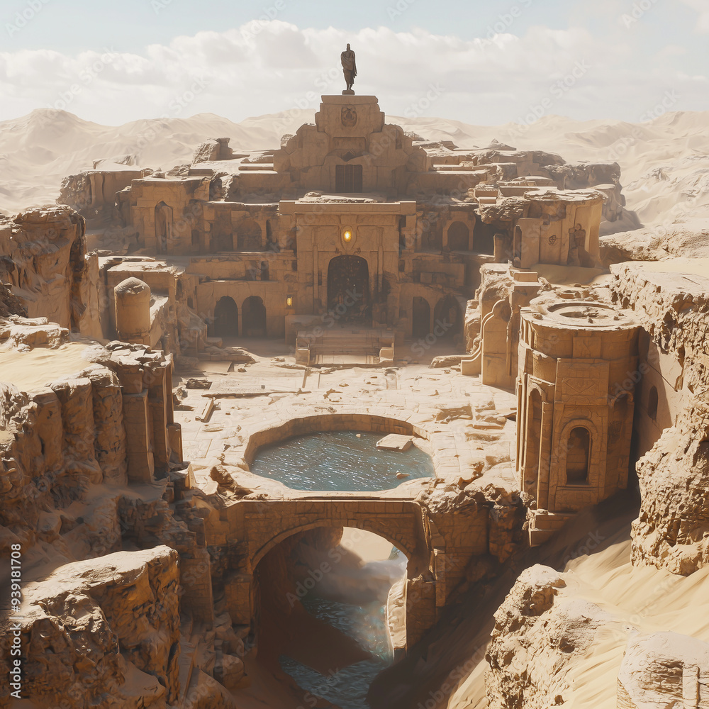 Ancient desert fortress with a central courtyard and pool, isolated on ...
