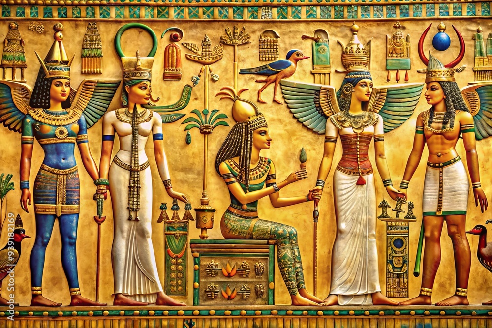 Ancient Egyptian Mythological Masterpiece: Hieroglyphs, opulent gold ...