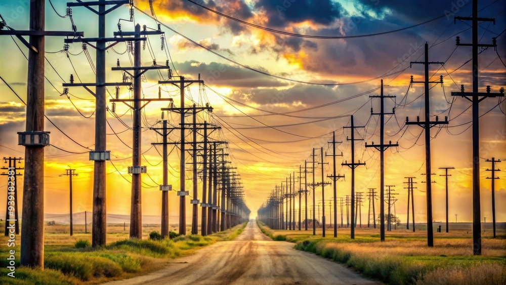 Rows of tall, weathered electric poles stretch towards the horizon ...
