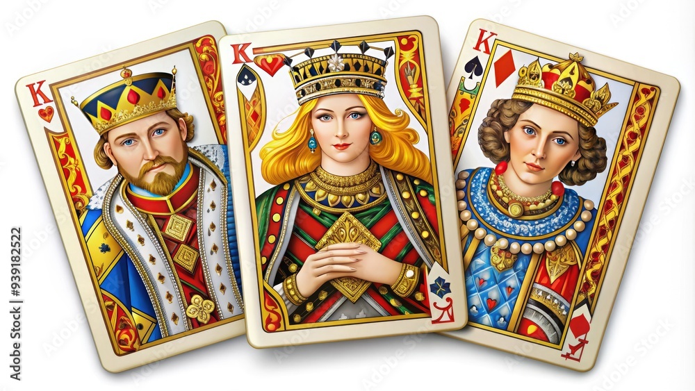 Royalty playing cards trio, king, queen, and jack, isolated on white ...