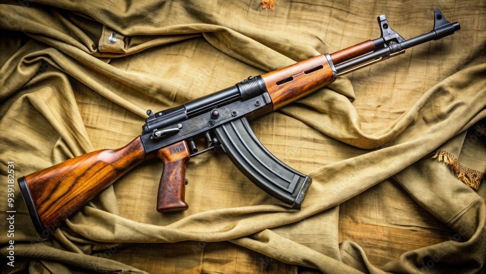 Rugged, black, and iconic Russian-made assault rifle with wooden stock ...