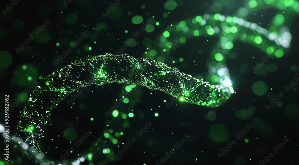 Illuminated green DNA strand on a transparent background, representing ...