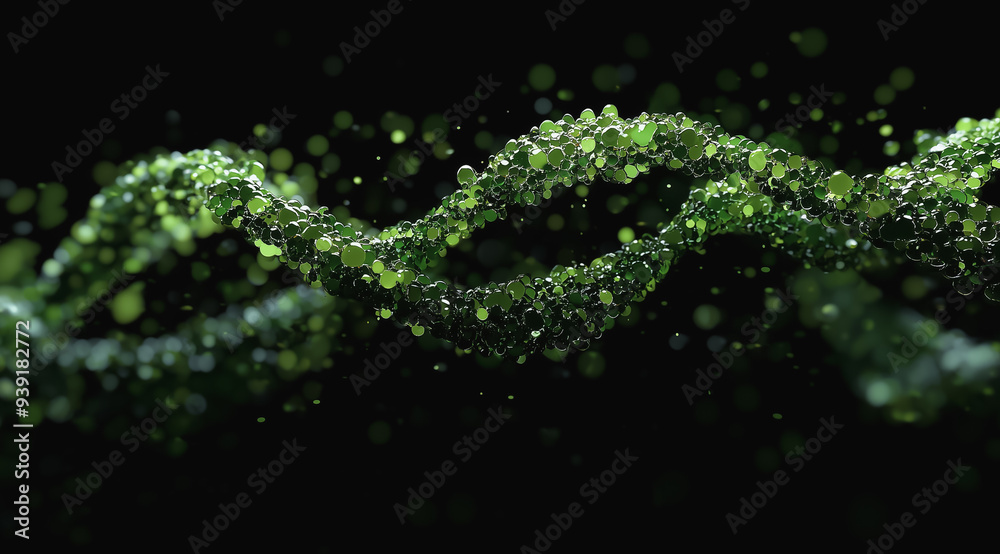 Abstract green DNA helix on a transparent background with a glowing ...