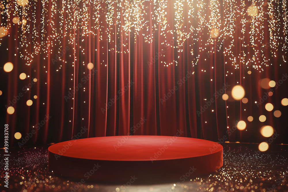 Red carpet stage with golden curtain on transparent background, ideal ...