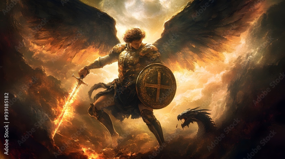 Biblical portrayal of St. Michael the Archangel in religious art, symbolizing Christianity's ...