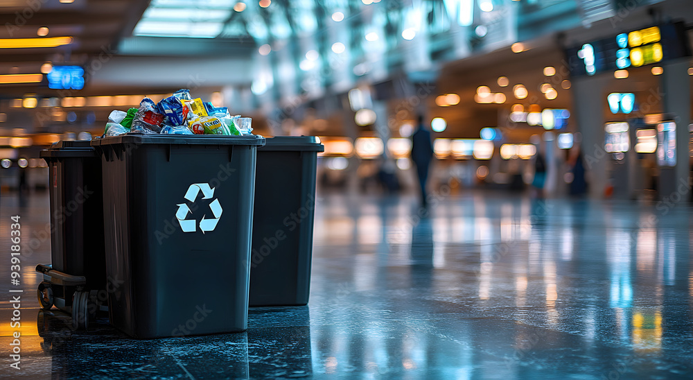 "Photo of an Airport Terminal Featuring Several Trash Cans ...
