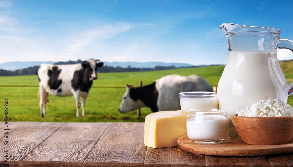 fresh dairy products on a wooden table with livestock dairy farm ...