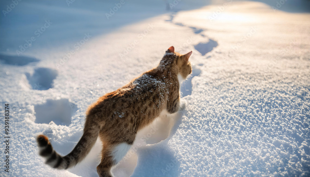 Cat’s paws stepping in fresh snow for the first time, leaving tiny paw ...