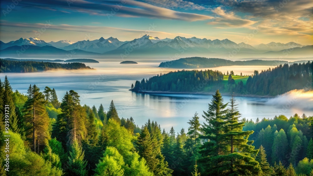 Serene misty morning scene of Puget Sound with Olympic Mountains in the ...