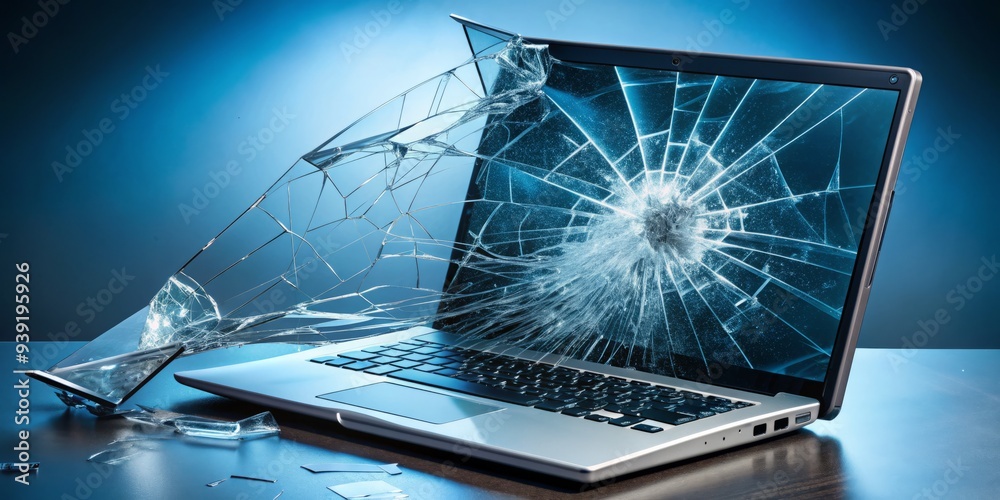Digital Breakdown: A broken computer with shattered glass and scattered ...