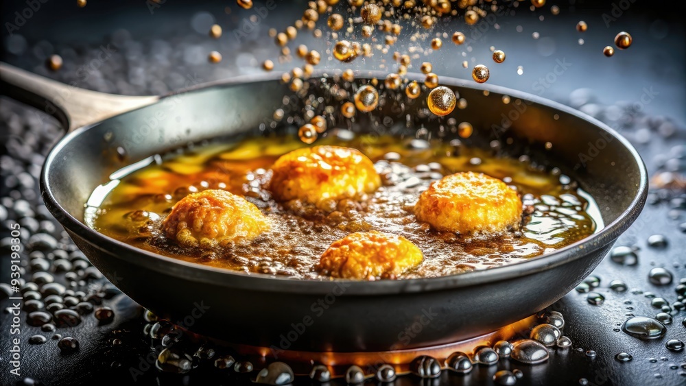 Sizzling droplets of golden hot grease splatter and bubble up from a ...