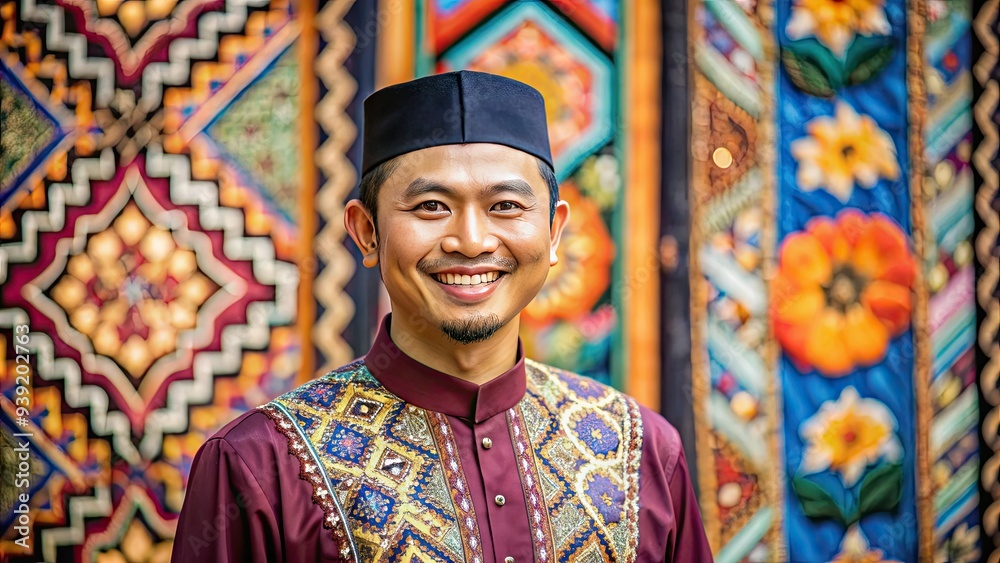 Smiling Malay man in traditional attire, wearing a songkok and batik ...