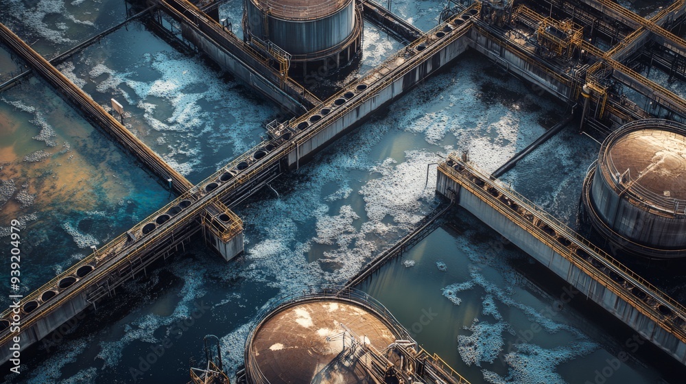 Aerial view of an industrial wastewater treatment plant with multiple ...
