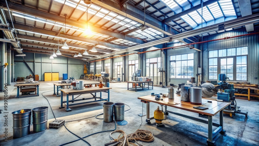 Spray guns, paint cans, and messy workbenches clutter a bright, well ...