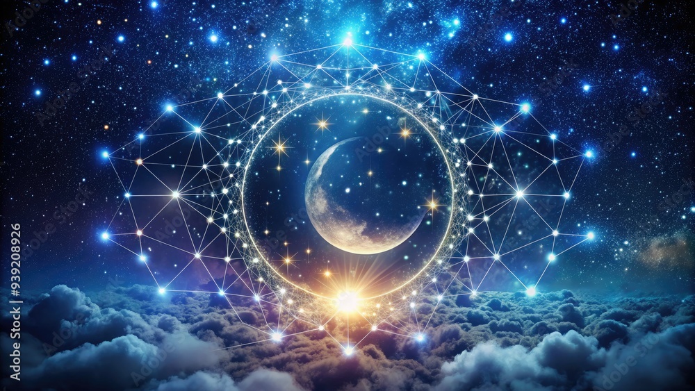 Starry night sky with a stylized, modern logo centered, surrounded by ...