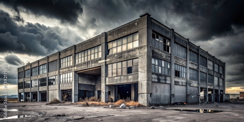 Monolithic Despair: Massive commercial structure with broken windows ...