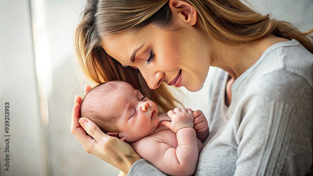 Tender moment of a mother gently holding her newborn baby's tiny hands ...