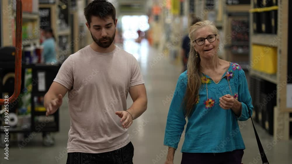 Builder man and client mature woman walk in a large big box hardware ...