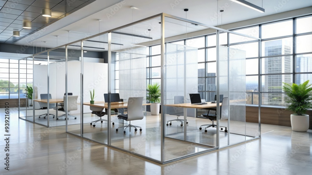 Transparent plexiglass dividers with metallic frames stand upright on a ...