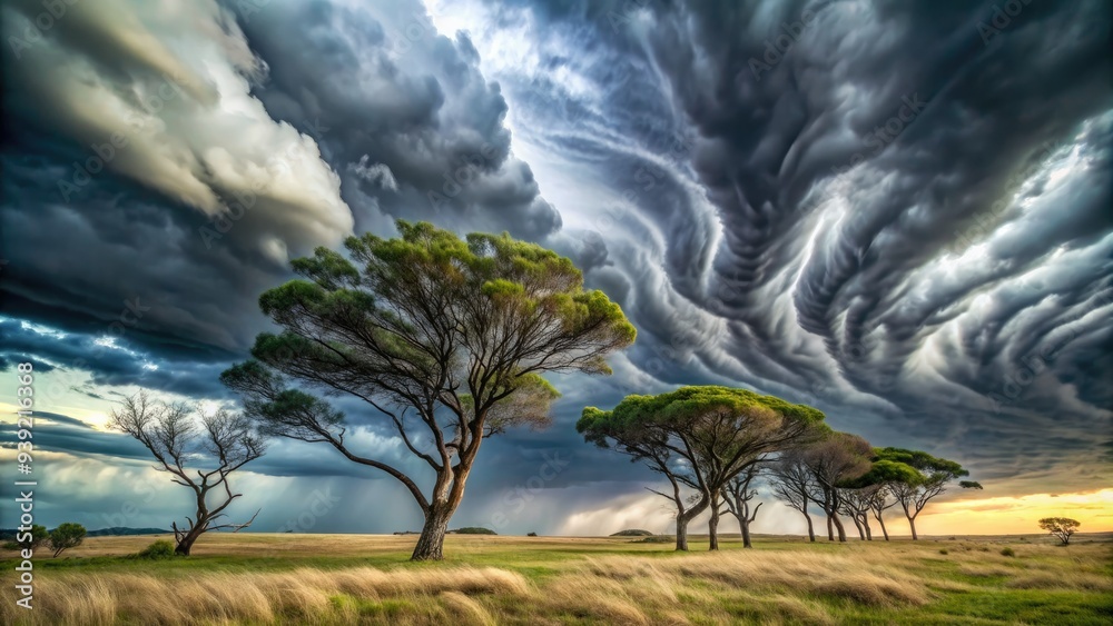 Turbulent clouds darken the sky as powerful gusts of wind whip through ...