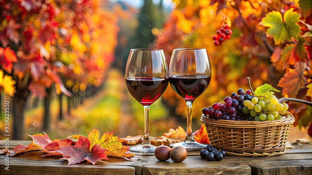 Vibrant autumn leaves surround a rustic outdoor wine tasting setting in ...