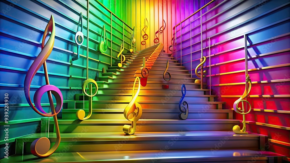 Vibrant colorful musical notes and treble clef symbols ascend a ...