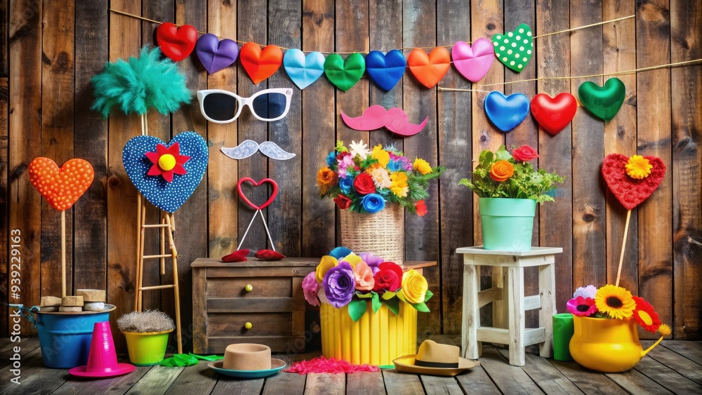 Vibrant colorful props and accessories clutter a rustic wooden backdrop ...