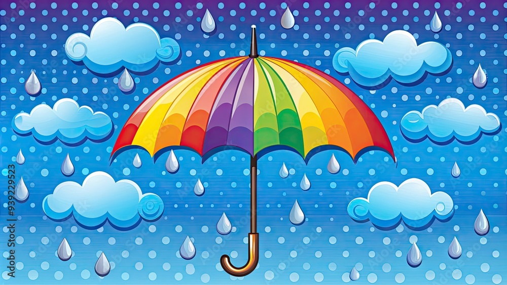 Vibrant colorful umbrella clipart illustration with playful raindrops ...