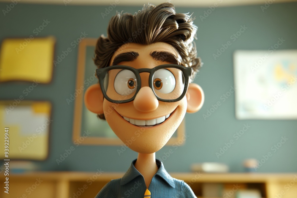 This image features a cartoon teacher with a warm and welcoming ...