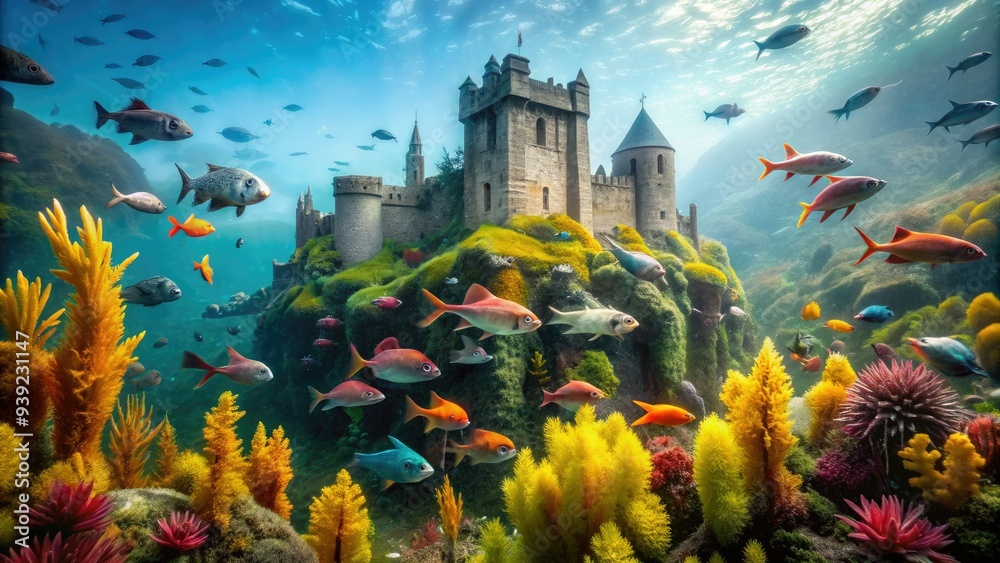 Vibrant coral reefs and schools of fish surround an ancient, crumbling ...