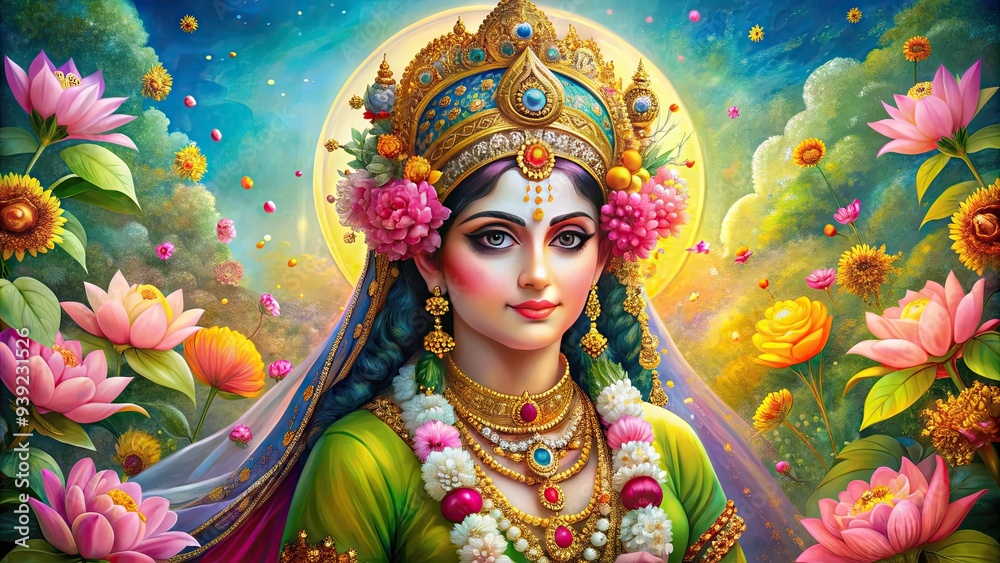 Vibrant depiction of the loving goddess Radha, adorned in traditional ...