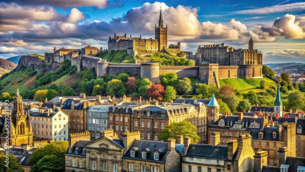 Vibrant Edinburgh city centre scene with historic Scottish architecture ...