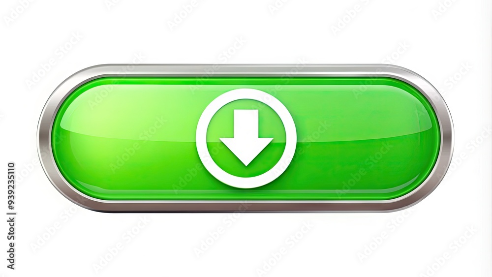 Vibrant green download button with a curved arrow icon on a white ...