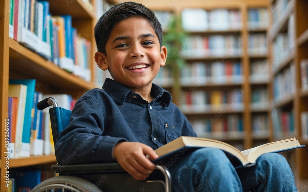 Inclusive image of a happy cute disabled school student in a wheelchair ...