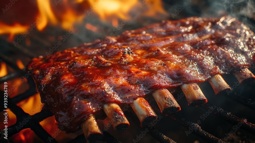 Juicy, glazed barbecue ribs sizzling on a flaming grill, perfect for a ...