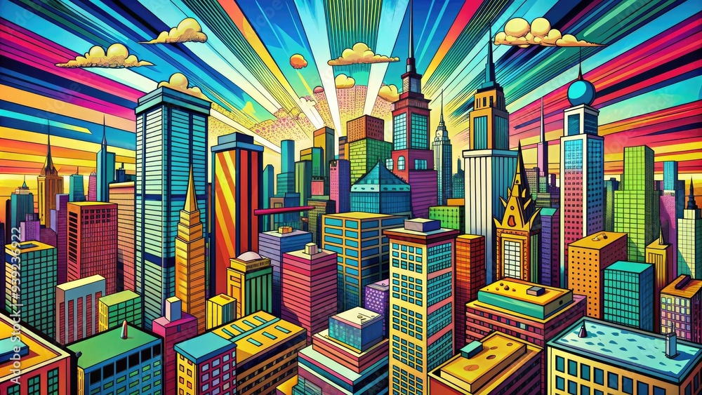 Vibrant illustration of a bold, colorful cityscape with exaggerated ...