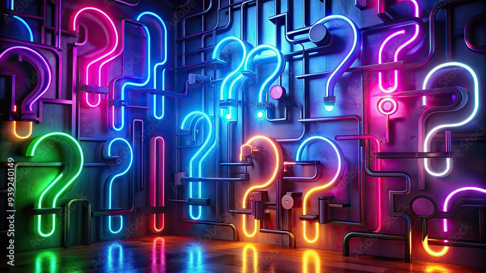 Vibrant neon lights illuminate a dark background, forming a maze of ...