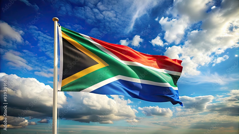 Vibrant South African flag waving proudly in the wind, symbolizing ...