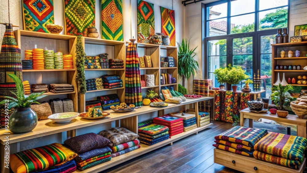 Vibrant storefront display of African-inspired textiles, natural ...