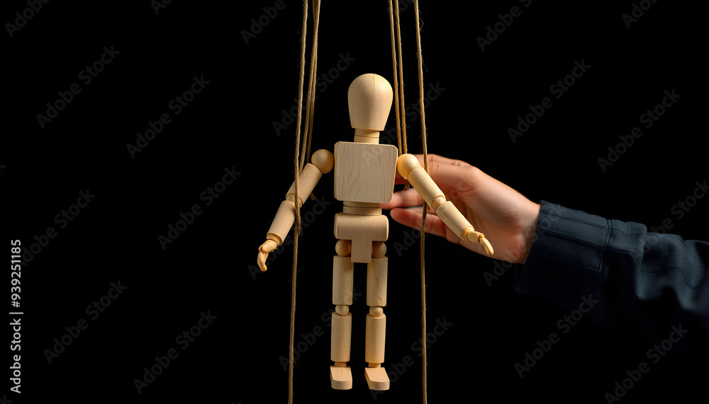 the figure of a wooden man tied ropes to the arm. Puppet. Man controls ...