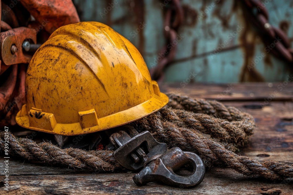 A worn yellow hard hat is placed alongside heavy-duty tools on a rough ...